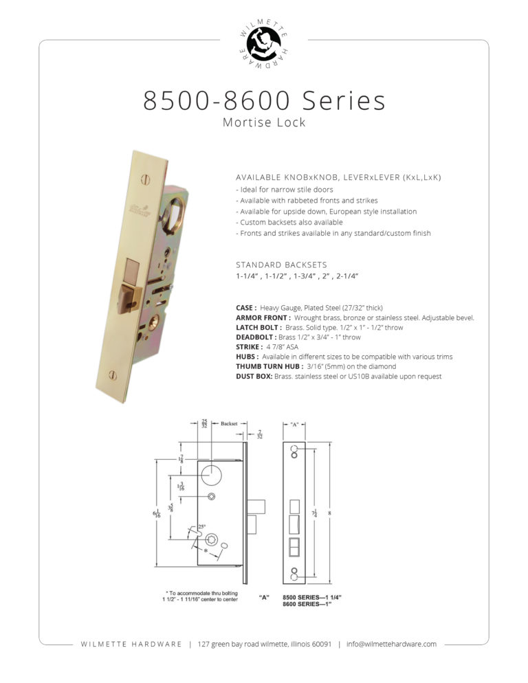 8500/8600 series mortise lock | Wilmette CutSheets